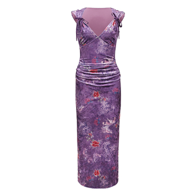 新中式性感紫色丝绒吊带连衣裙