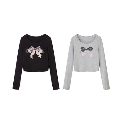 Uena蝴蝶结印花字母烫钻T恤