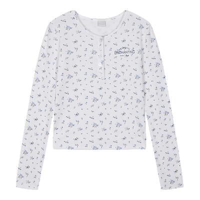 MOUSSY春春新品复古碎花华夫格圆领纽扣打底针织028IAA90-1025