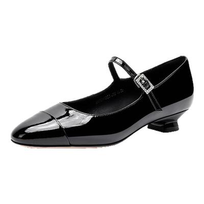 哈森低跟黑色玛丽珍鞋