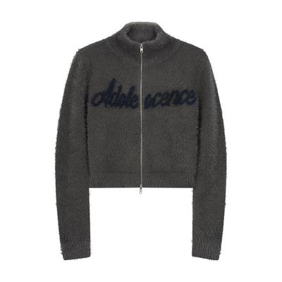 撞色毛绒针织SLY拉链立领开衫