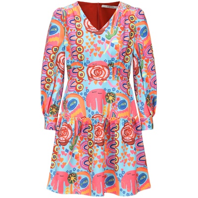 tanni甜美印花时尚V领收腰连衣裙