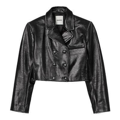 SANDRO Outlets秋冬女装羊皮革黑色双排扣平驳领长袖短款皮衣外套