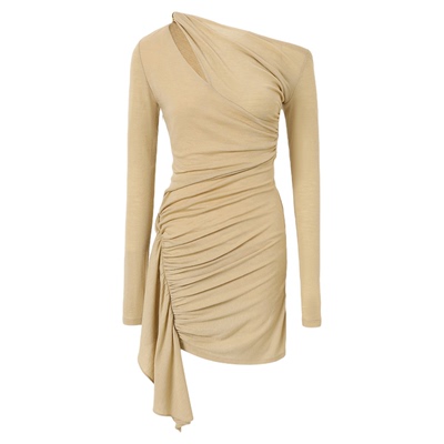 CNLEEWEI26早春新品褶皱收腰金属珠斜肩褶皱针织短连衣裙