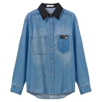 【商场同款】HPLY荷比俪秋季新款女异材质领宽松版牛仔衬衫