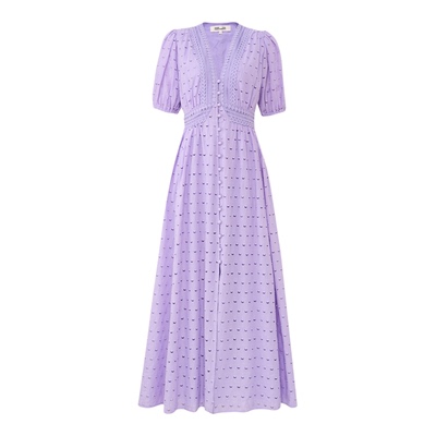 [新品首发]DVF2026夏季茶歇裙丁香紫镂空刺绣棉V领连衣裙DS2U003