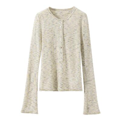 法式亨利领加长喇叭袖针织衫上衣