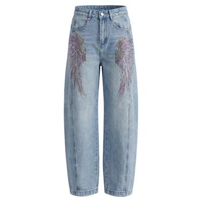 TCH2026春夏新款百搭烫钻浅蓝色弯刀阔腿显瘦牛仔裤女T78A20E1145
