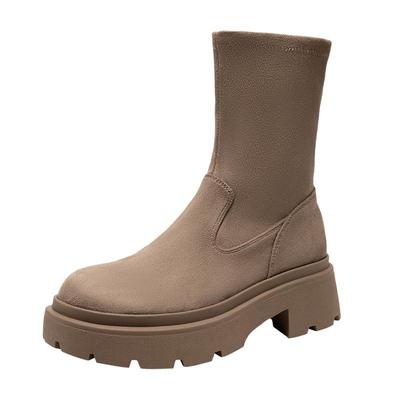 千百度厚底弹力靴袜靴新款秋冬瘦瘦靴中筒女鞋棕色美拉德短靴
