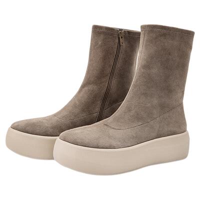 莎莎苏厚底美拉德棕靴弹力瘦瘦靴