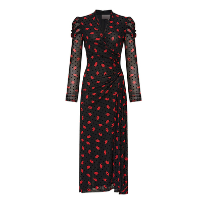 沃格 D早春新款浪漫红黑植绒波点红唇印花弹力修身优雅网纱连衣裙