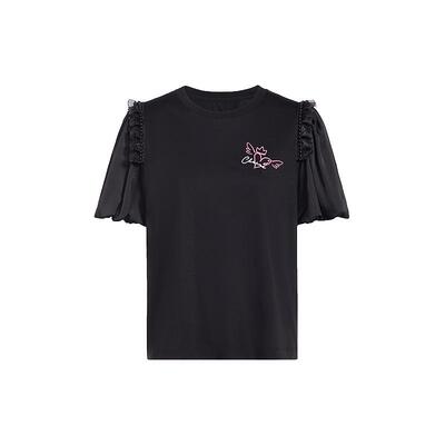 FIVE PLUST恤女短袖纯棉上衣泡泡袖套头衫刺绣图案新款女夏装