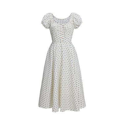 Ching's复古圆领泡泡袖显瘦连衣裙 高腰不规则波点A字大摆裙伞裙