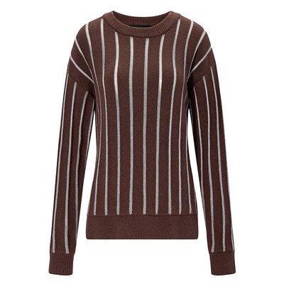 BCBG2025秋冬新款初剪羊毛混纺撞色镂空条纹圆领女针织衫上衣女