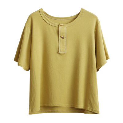 花吉蓝色半开襟宽松日系短袖t恤