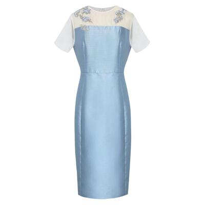 BBLLUUEE/粉蓝衣橱东方感刺绣轻礼服裙女2025夏装光感拼接连衣裙