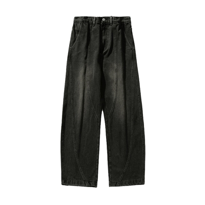 复古分割弯刀牛仔裤直筒宽松裤子