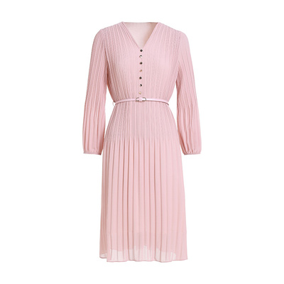 艾维春季V领显瘦百褶连衣裙