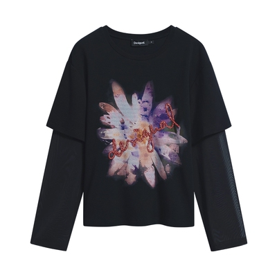 Desigual26秋冬新品手绘斑驳雏菊印花logo假两件双层袖女式T恤