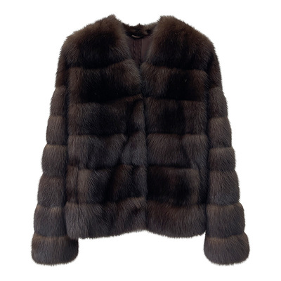 新款俄罗斯紫貂毛V领短皮草大衣