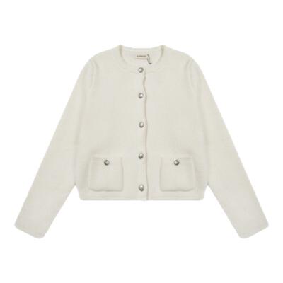 【现货】fletta bloom韩国Slowand圆领口袋白色针织开毛衣外套