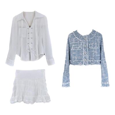 白色衬衫+牛仔毛边小香短外套