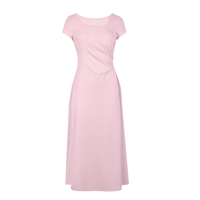 EMAK纯欲蕾丝边领口褶皱短袖连衣裙女春夏jue美温柔长裙