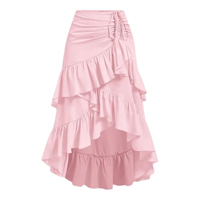 清醒拼接显瘦抽绳高腰荷叶边半裙