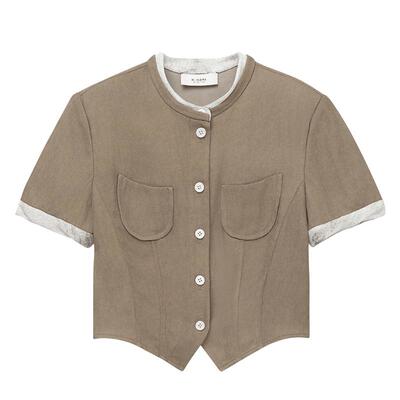 N·MORE设计师品牌 26夏季新款 灰棕冰感粘胶亚麻立领上衣