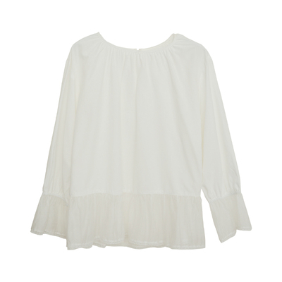 花吉米白色圆领拼接喇叭袖衬衫