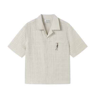 WHIMNOTION 26SS「麂皮串珠」古巴领格纹镂空短袖衬衫夏休闲上衣