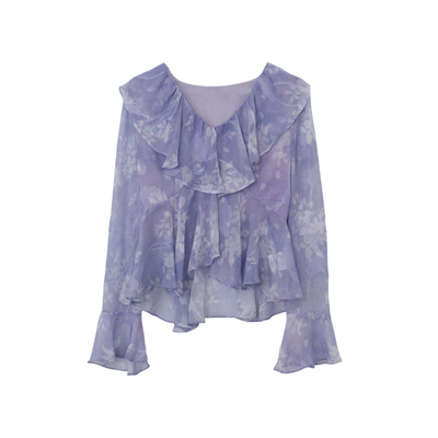 法式荷叶边印花长袖衬衫女春季