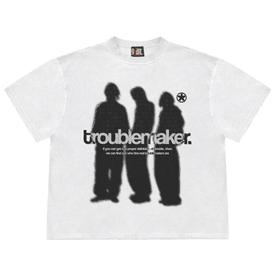troublemaker 美式设计感涂鸦字母人物宽松高街潮牌短袖t恤男女