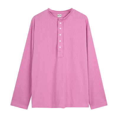 休闲纯色亨利领粉色长袖T恤