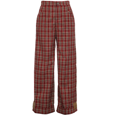 宽松红格纹翻边贴布休闲高腰长裤