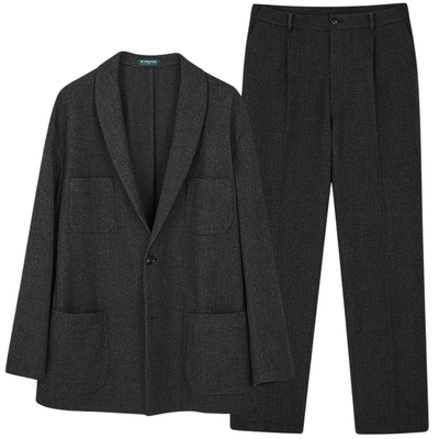 柏品休闲青果领西服套装男25春季多口袋无里布宽松高腰厚绅装套西