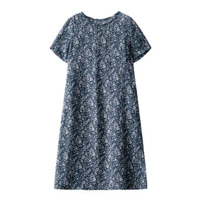 梭家 小热情 青花瓷苎麻连衣裙夏季新款圆领印花连衣裙 6499MH