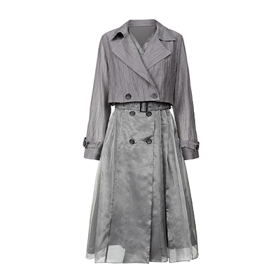 sdeer翻领收腰欧根纱连衣裙套装