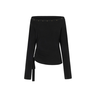 LEDIM WANG一字肩修身T恤针织衫女2026春夏新款黑色长袖打底上衣