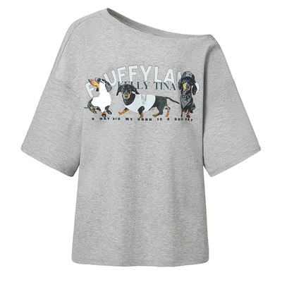 KELLY TINA毛茸系列T恤女斜肩夏季新款凉感灰色印花狗狗T宽松显瘦
