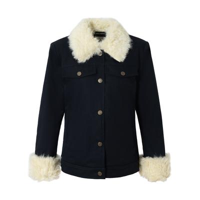 RPB BRAND加绒秋冬小香风毛绒保暖修身短款夹克夹棉毛领外套女