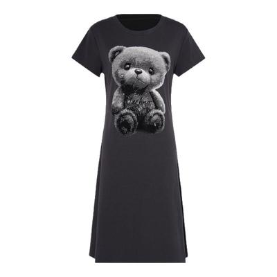 烫钻时尚灰色小熊修身连衣裙