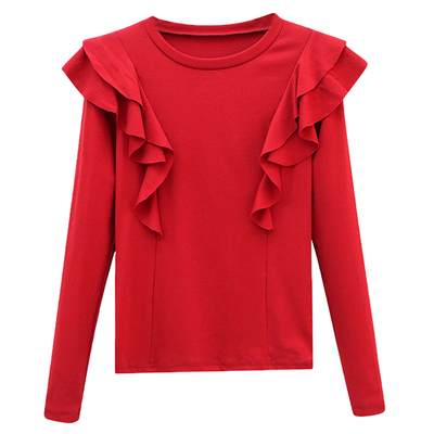 早春内搭新年荷叶边修身短t恤