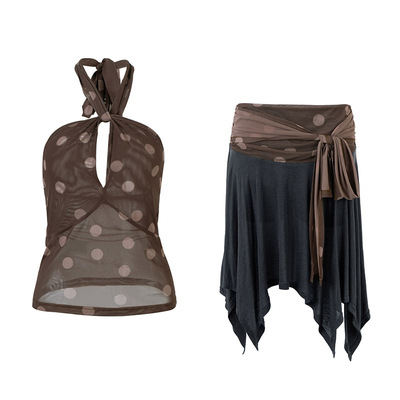 PynkiSwear 棕色波点弹力网纱挂脖抹胸露背上衣/不规则下摆半身裙
