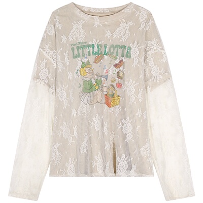 今屿花花白色t恤女初秋蕾丝长袖