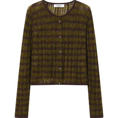 轻薄黄咖条纹马海毛开衫毛衣