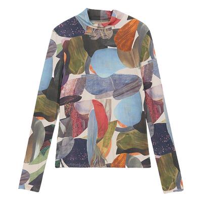 谜底高领T恤长袖女冬款复古风原创花色高弹修身上衣244MT1553