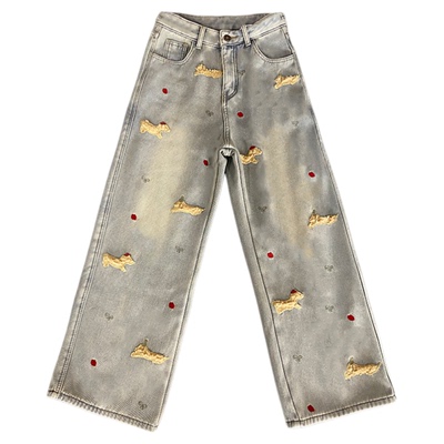 腊肠狗立体刺绣阔腿裤女2025夏季