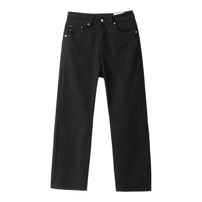 LUUD 鱼骨纹撞色编织皮牌装饰直筒长裤男士夏季水洗白牛牛仔裤