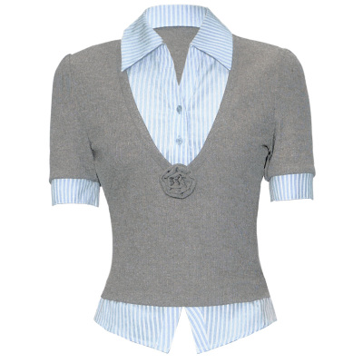 易碎商店蓝条纹假两件短袖T恤